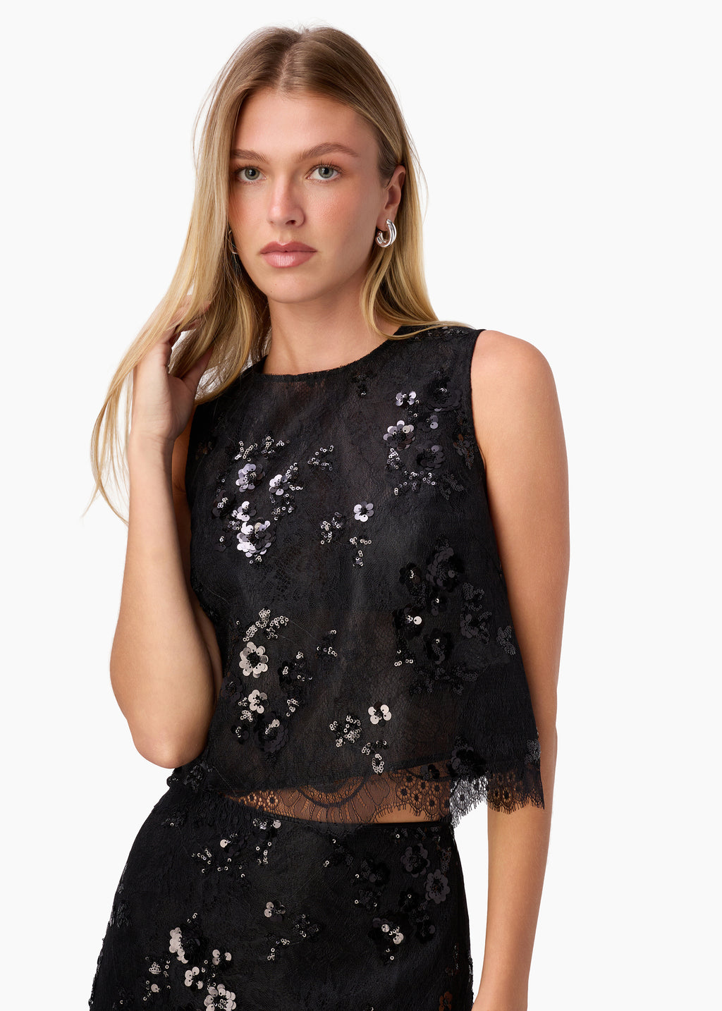 Aracely Sequin Lace Cropped Top Black – CAMI NYC